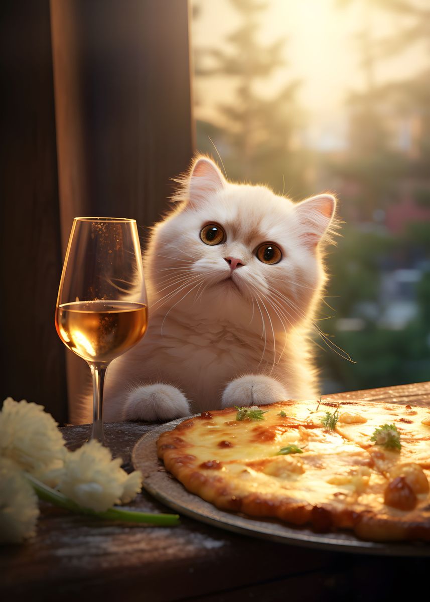 'White Cat Eats Pizza' Poster, picture, metal print, paint by Mounier ...