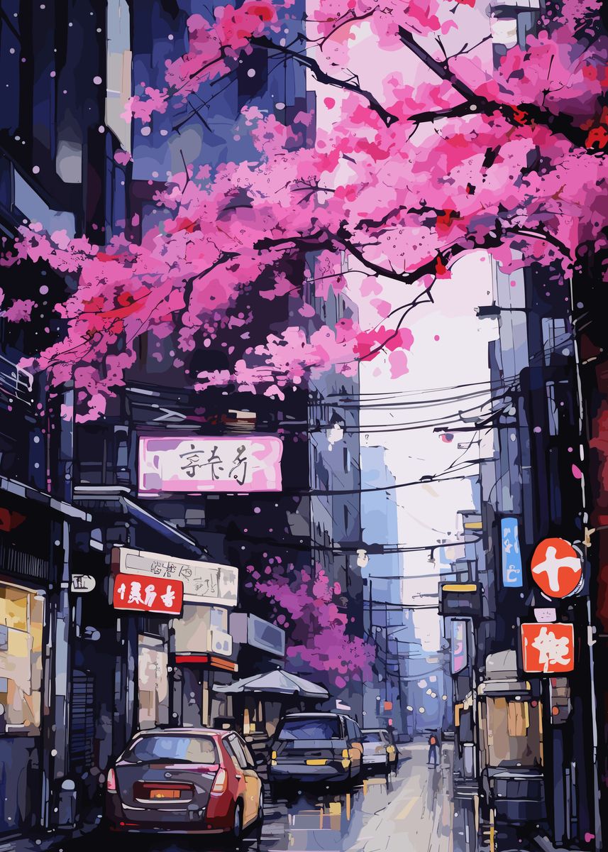 'Japanese Street At Night' Poster, picture, metal print, paint by Mr ...