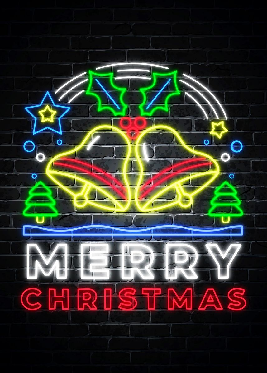 'Merry Christmas Neon Light' Poster, picture, metal print, paint by ...
