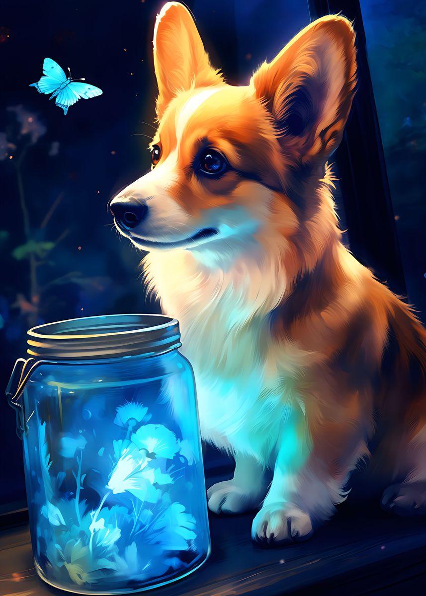 'Cute Corgi Dog Luminous' Poster, picture, metal print, paint by Dennex ...