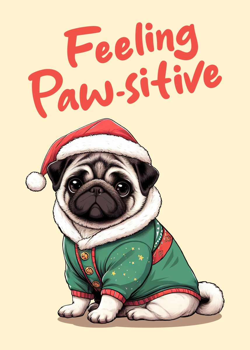'Pawsitive Christmas Pug' Poster, picture, metal print, paint by Takeda ...