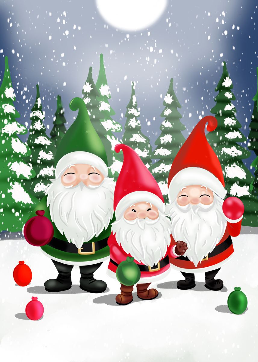 'Christmas Gnomes ' Poster, picture, metal print, paint by Art By Liz ...
