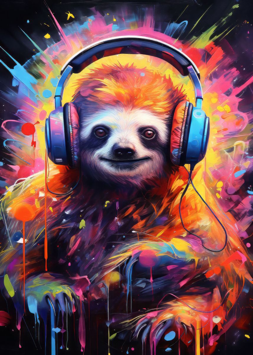 'Funny Sloth DJ' Poster, picture, metal print, paint by Alisson | Displate