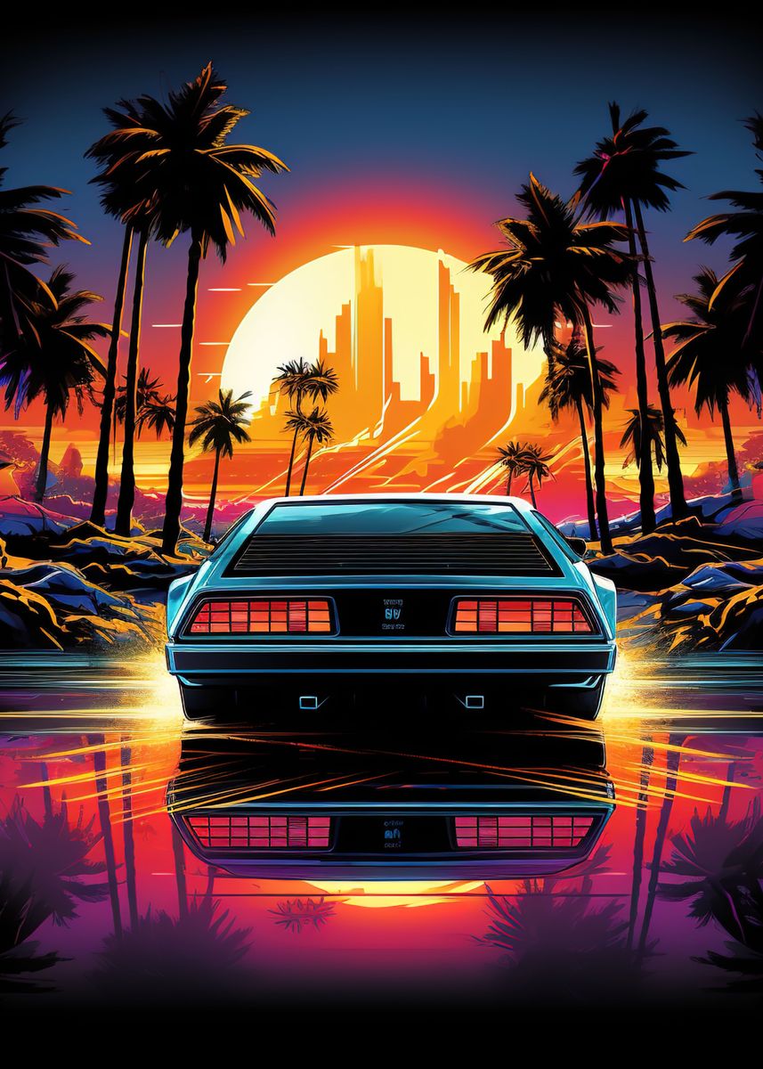 'Synthwave Retro Car Sunset' Poster, picture, metal print, paint by ...