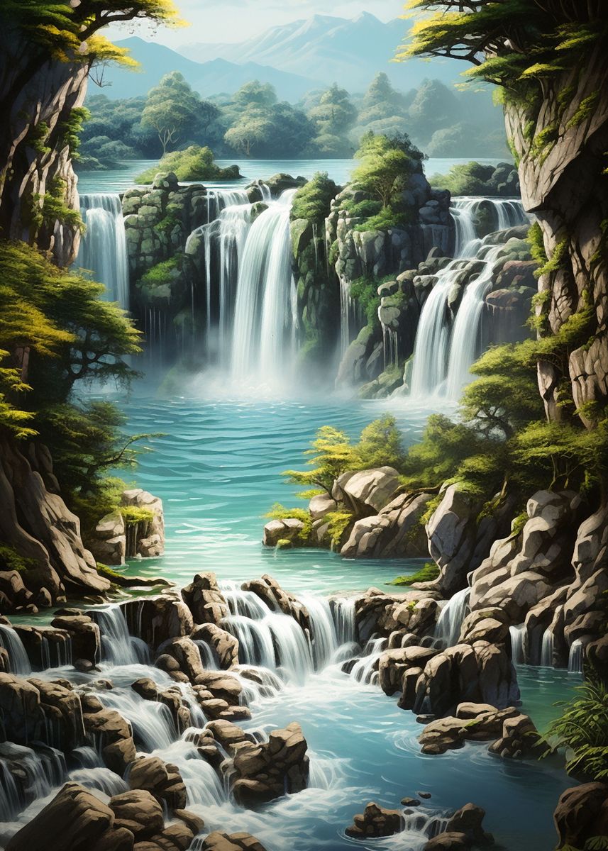 'waterfall in forest nature' Poster, picture, metal print, paint by ...