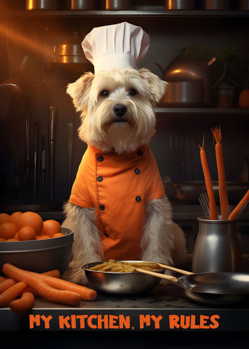 'Dog Chef Cooks in kitchen' Poster, picture, metal print, paint by ...