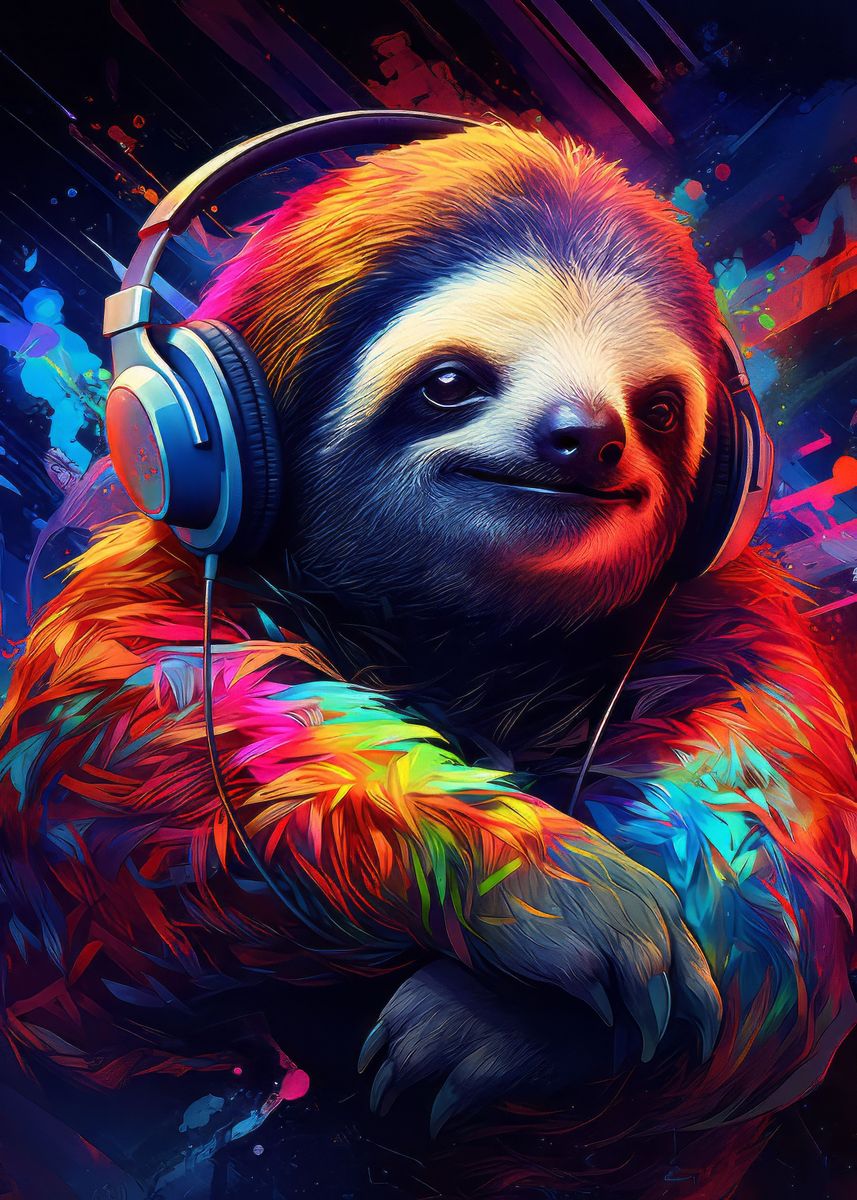 'Funny Sloth DJ' Poster, picture, metal print, paint by Alisson | Displate