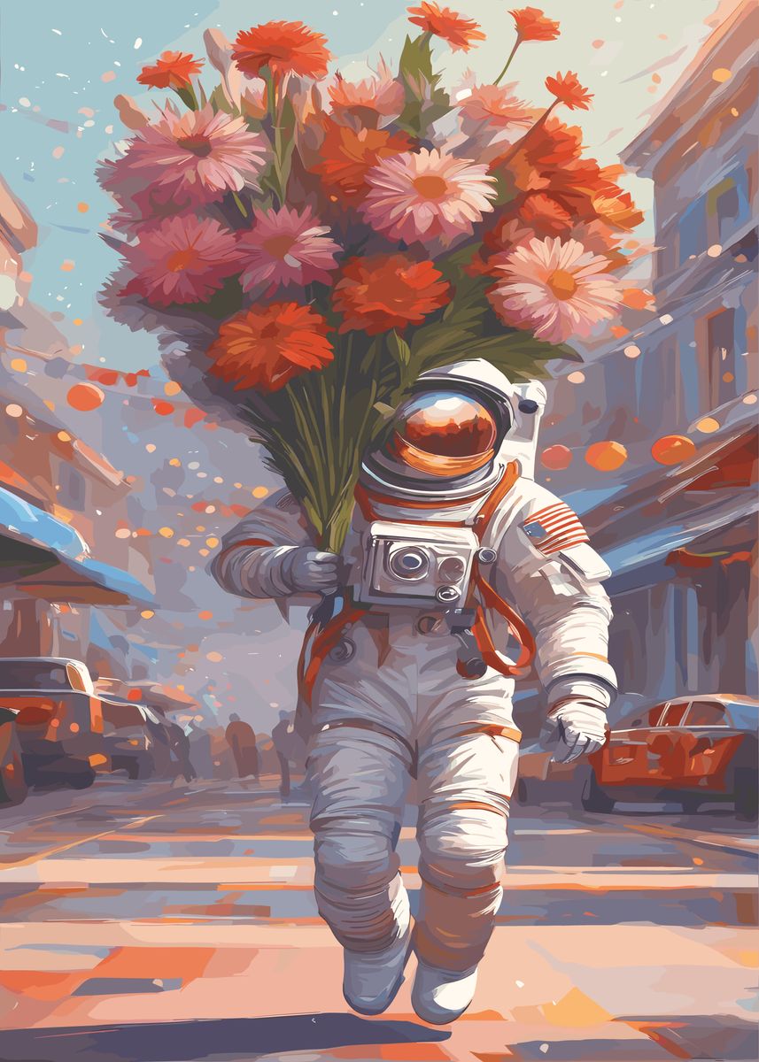 'astronaut spaceman flowers' Poster, picture, metal print, paint by ...