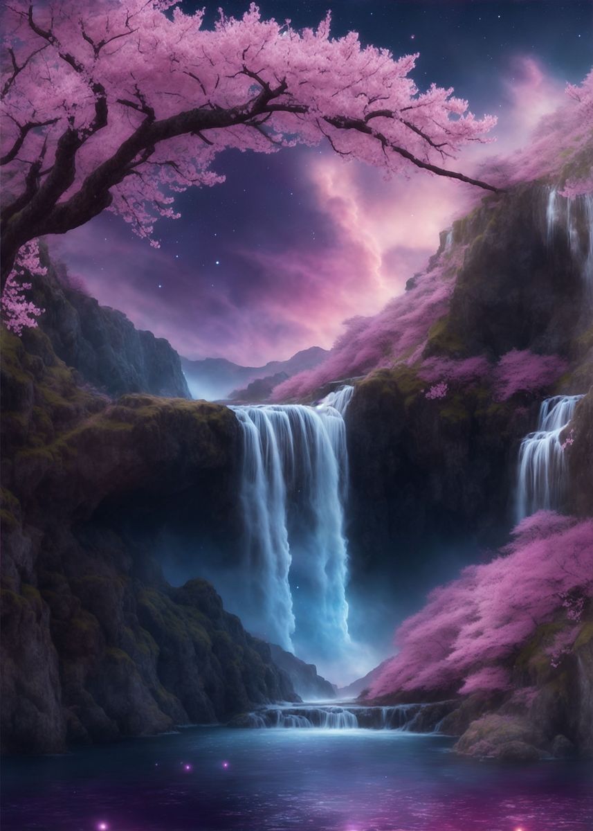 'Sakura waterfall' Poster, picture, metal print, paint by Below Horizon ...