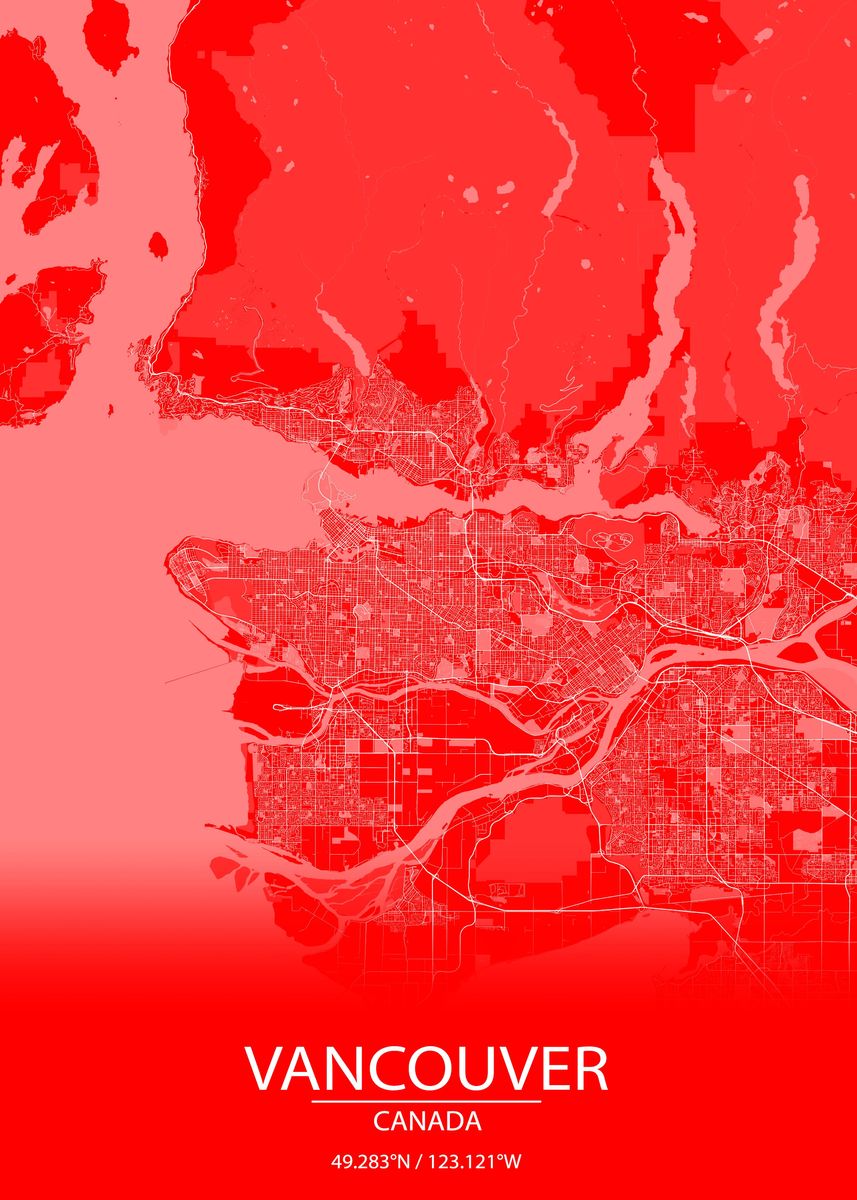 'Vancouver BC Red White Map' Poster, picture, metal print, paint by ...