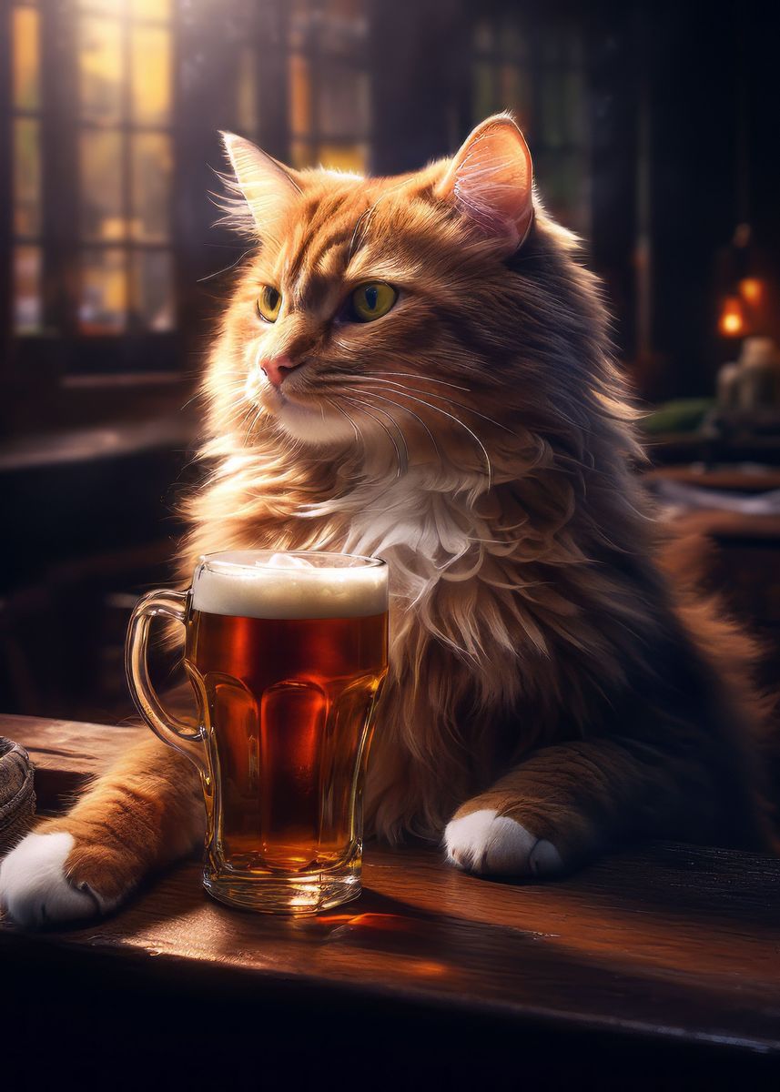 'Cat With Beer' Poster, picture, metal print, paint by FavoritePlates ...