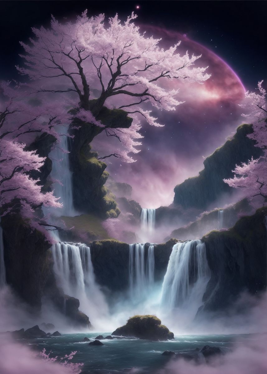 'Sakura waterfall' Poster, picture, metal print, paint by Below Horizon ...