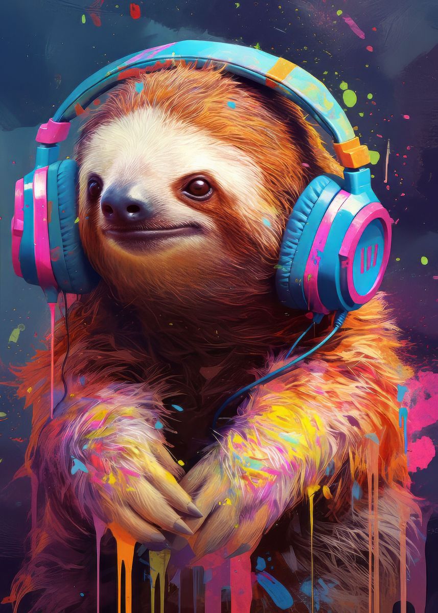 'Funny Sloth DJ' Poster, picture, metal print, paint by Alisson | Displate