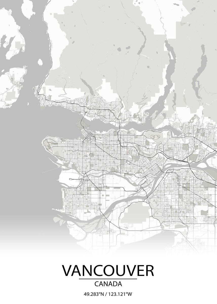 'Vancouver Canada White Map' Poster, picture, metal print, paint by ...
