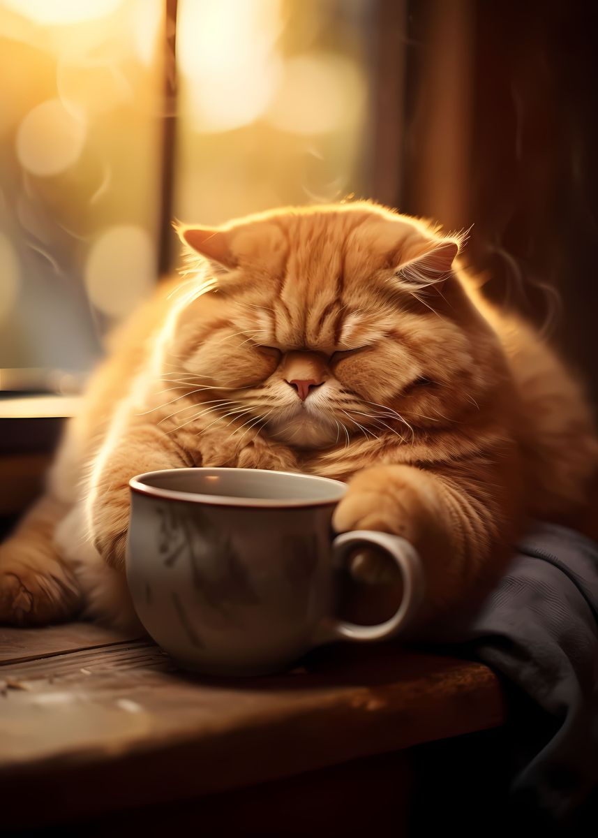 'Fat Cat morning Coffee pet' Poster, picture, metal print, paint by ...