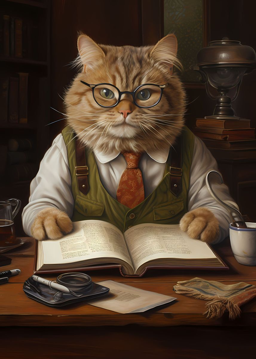 'Fat Cat reading Book Cute' Poster, picture, metal print, paint by ...