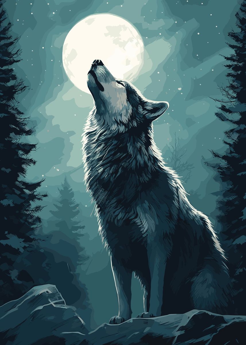 'Wolf Howling ' Poster, picture, metal print, paint by Ali Jane | Displate