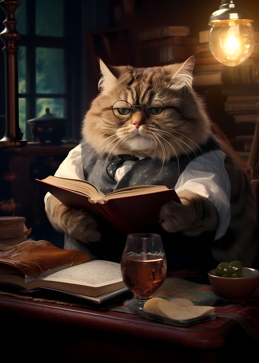 'Fat Cat reading Book Cute' Poster, picture, metal print, paint by ...