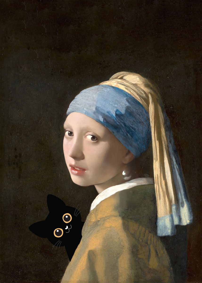 'Vermeer Girl BLACK CAT art' Poster, picture, metal print, paint by ...