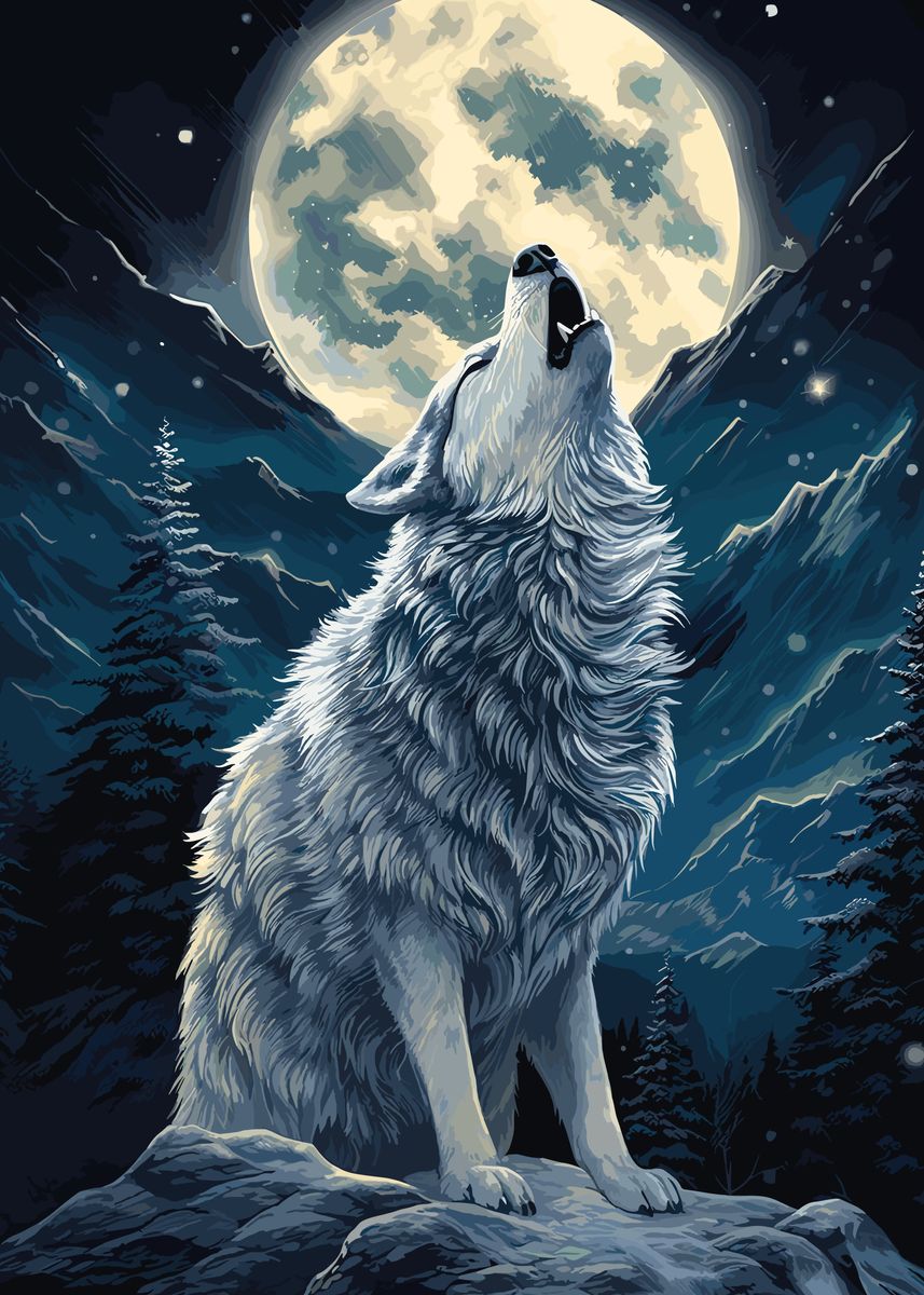 'Wolf Howling ' Poster, picture, metal print, paint by Ali Jane | Displate