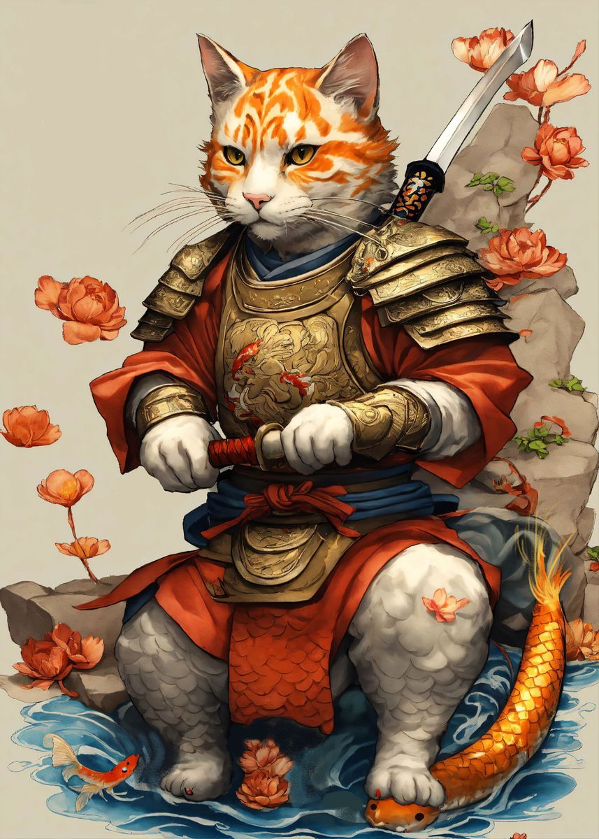 'cat samurai' Poster, picture, metal print, paint by EDSON RAMOS | Displate