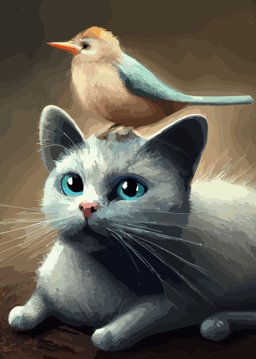 'Bird sits on Cat' Poster, picture, metal print, paint by maxdesign ...
