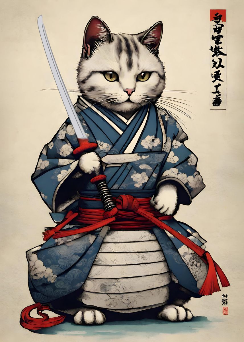 'Samurai Cat Japanese art' Poster, picture, metal print, paint by gani ...
