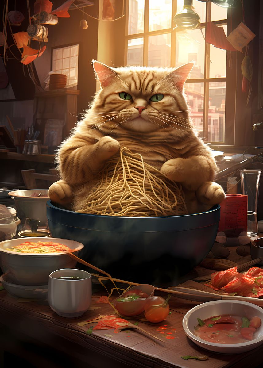 'Fat Cat Noodles Ramen Food' Poster, picture, metal print, paint by ...