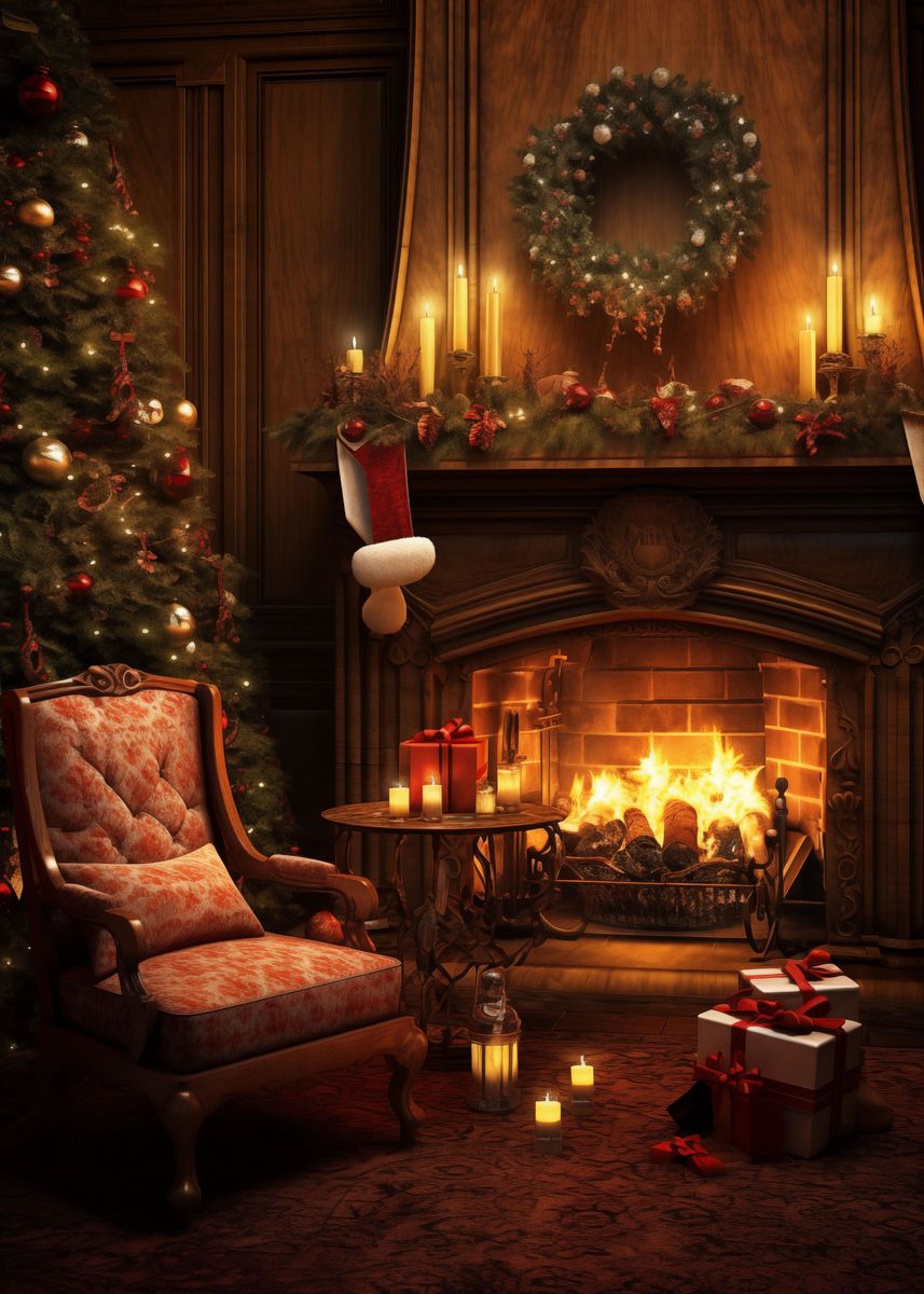 'Christmas fireplace' Poster, picture, metal print, paint by AI Art ...