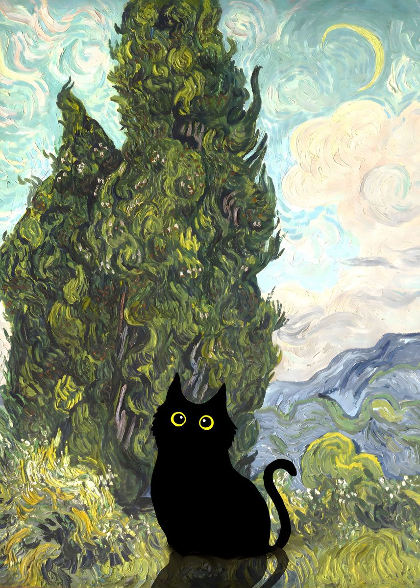 'Cat with Cypresses Tree' Poster, picture, metal print, paint by ...