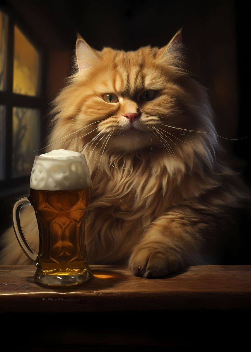 'Fat Cat Beer Pub Bar Drink' Poster, picture, metal print, paint by ...