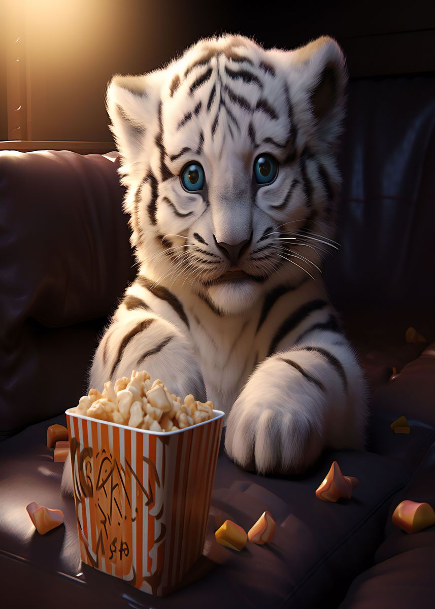 'Cute tiger with popcorn' Poster, picture, metal print, paint by ...