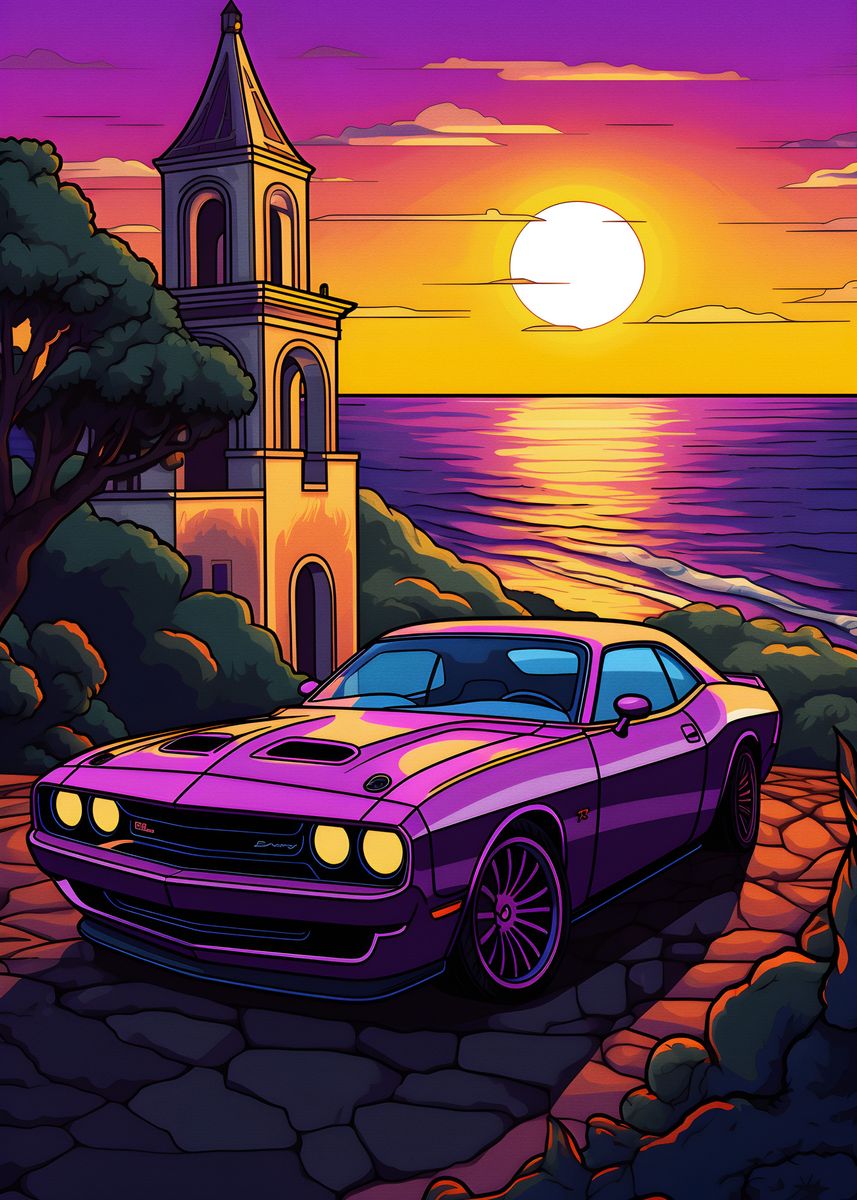 'legendary cars retro sunse' Poster, picture, metal print, paint by ...