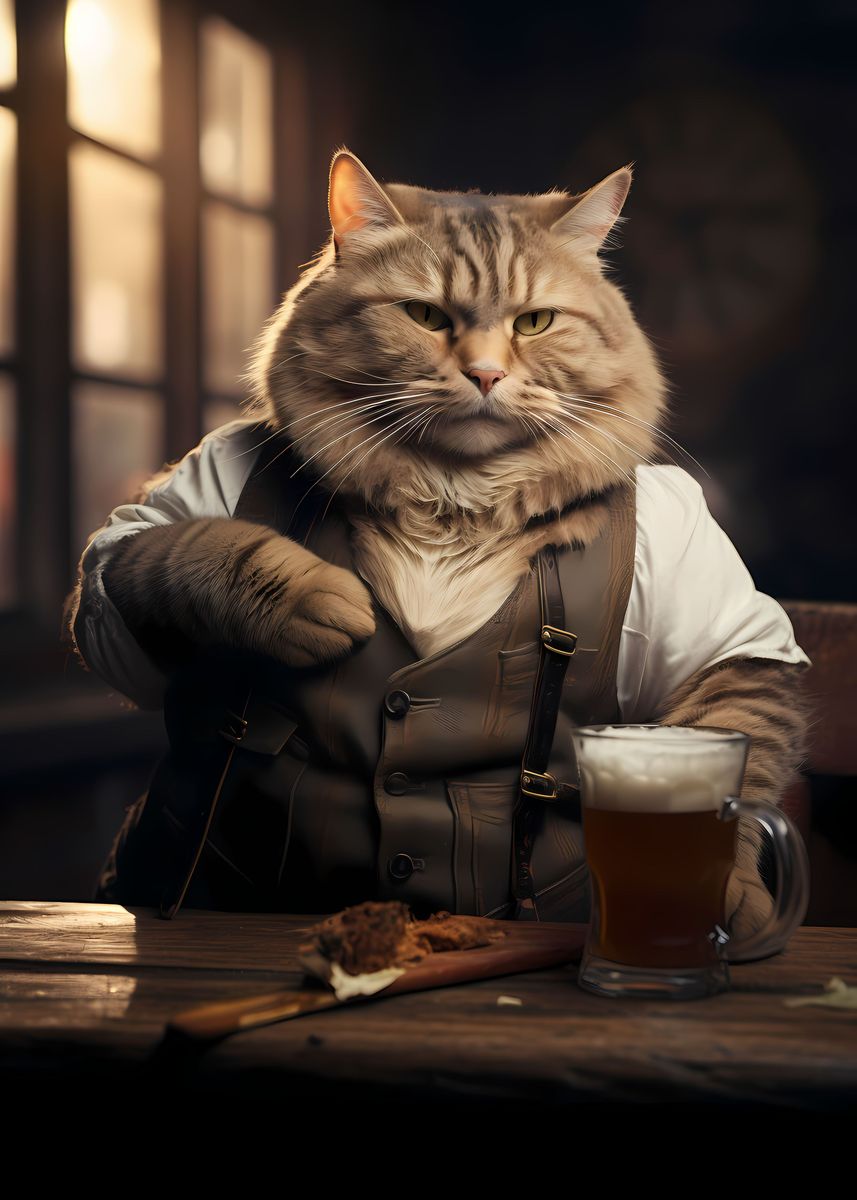 'Fat Cat Beer Pub Bar Drink' Poster, picture, metal print, paint by ...