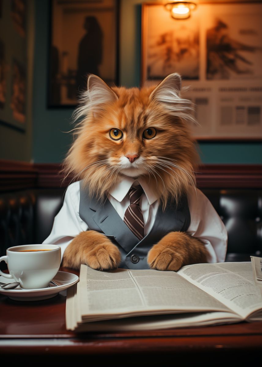 'Cat drinking coffee ' Poster, picture, metal print, paint by Nerdworld ...