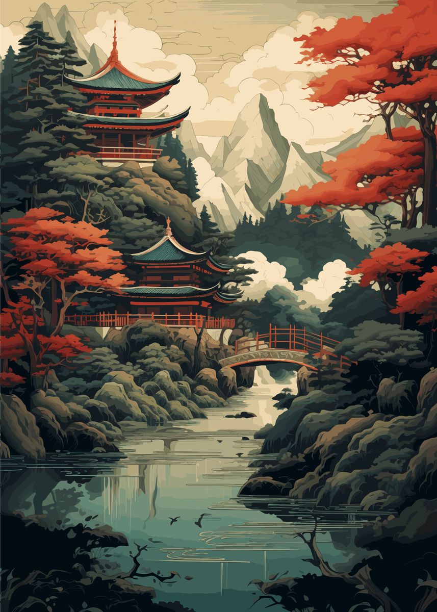 'Japanese Landscape' Poster, picture, metal print, paint by SuperNova ...