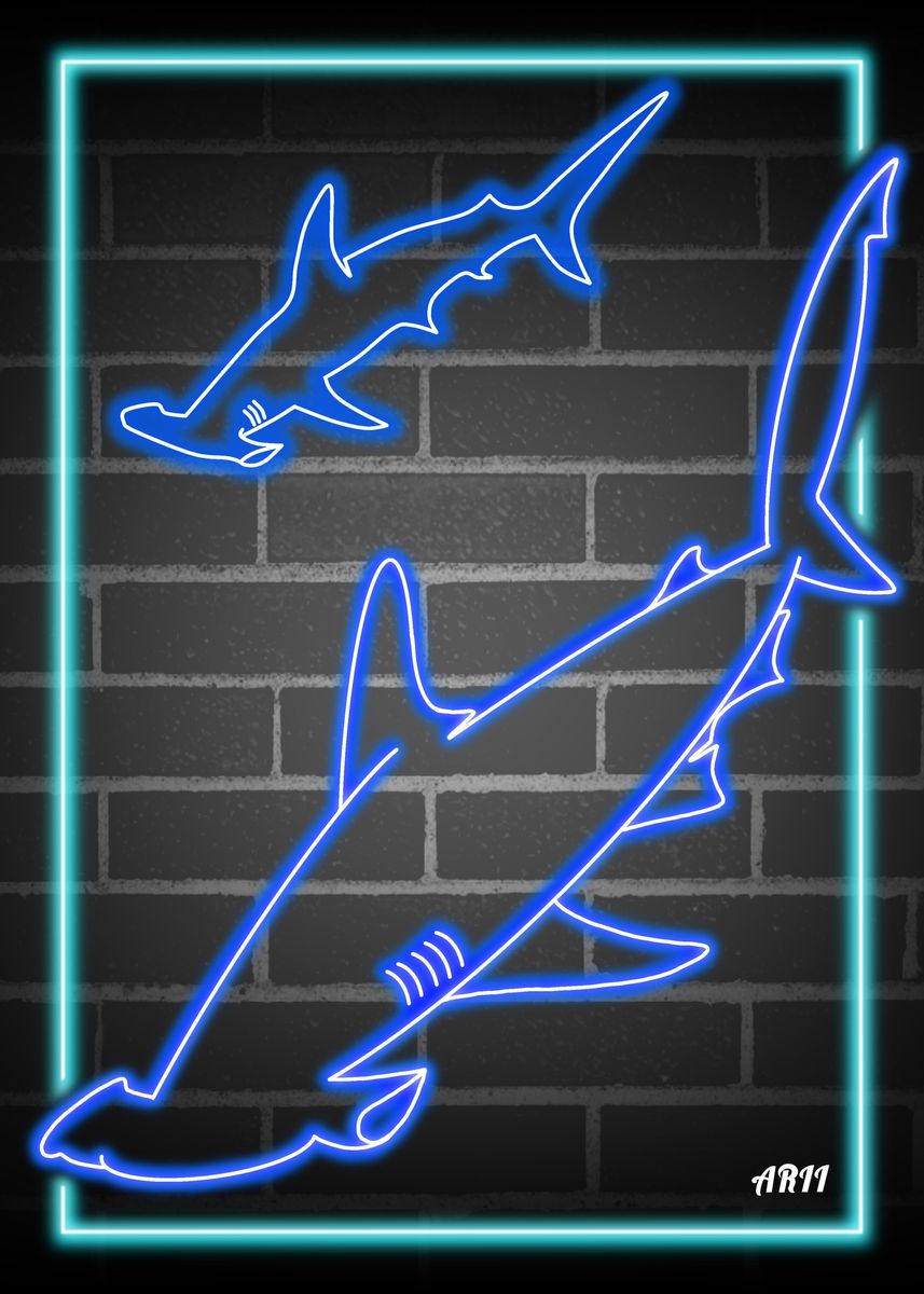 'Shark Neon' Poster, picture, metal print, paint by Tahiti Art Design ...