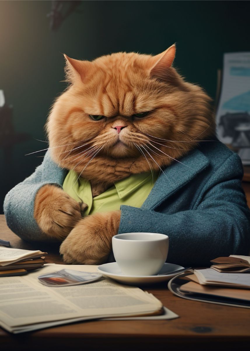 'Angry Cat In Office ' Poster, picture, metal print, paint by Candy ...