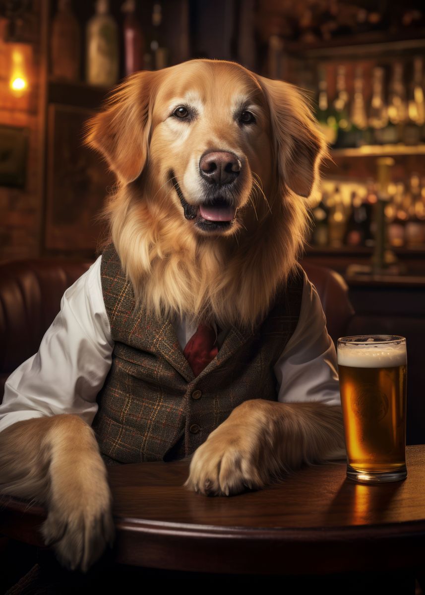 'Golden Retriever at Bar' Poster, picture, metal print, paint by Craig ...