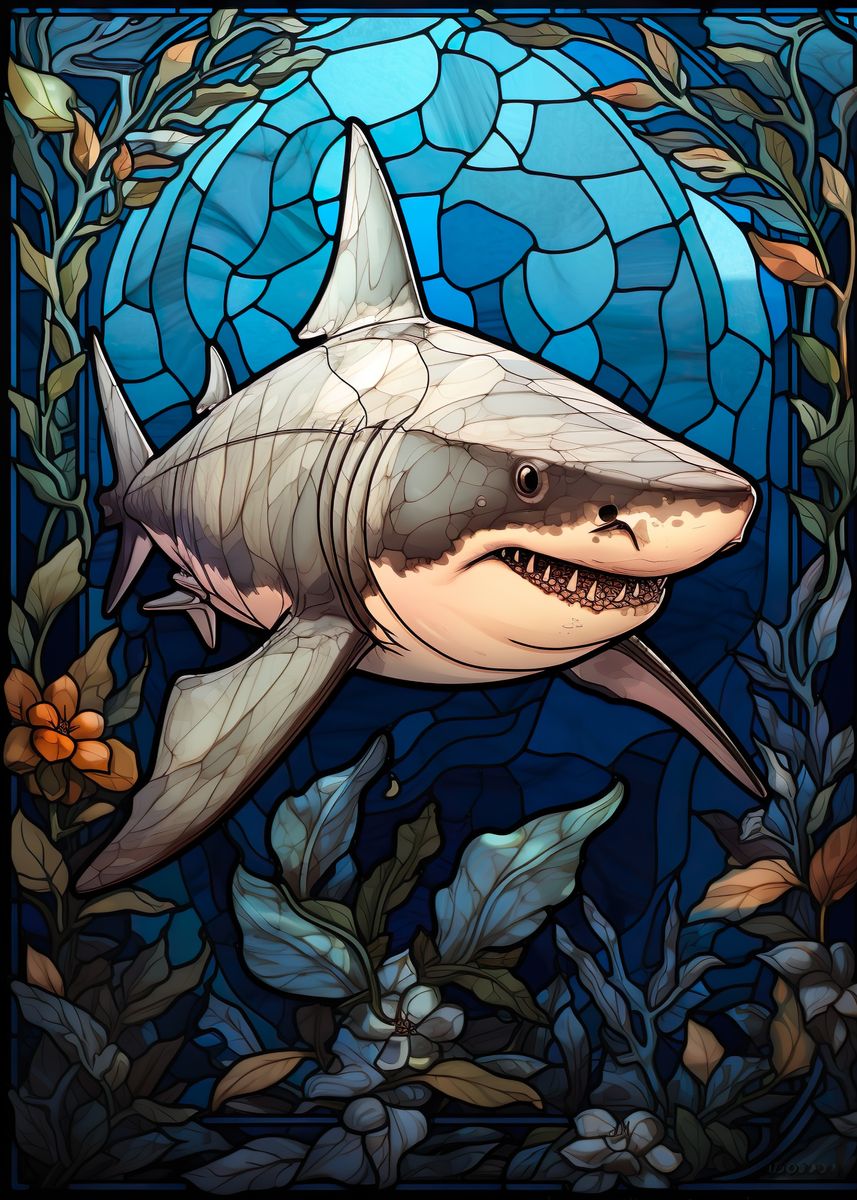 'White Shark Stained Glass' Poster, picture, metal print, paint by ...