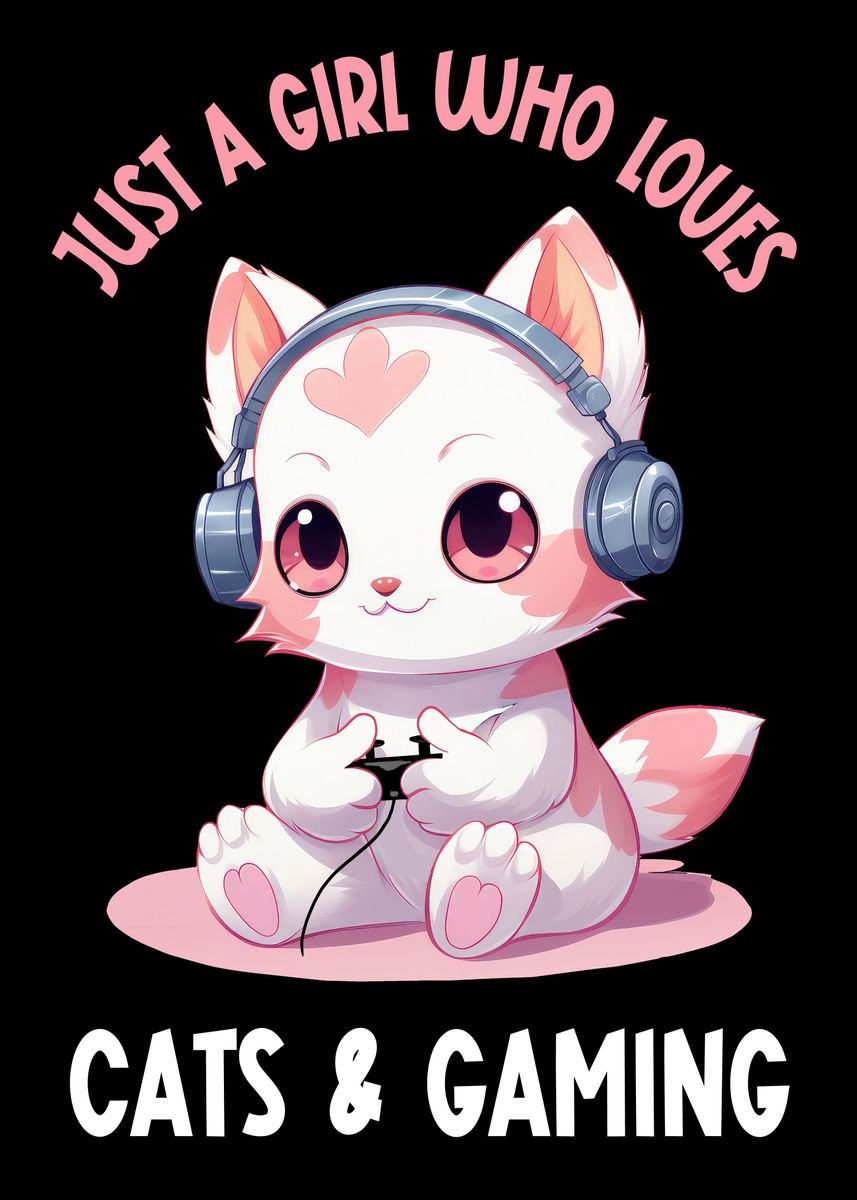 'Gamer Girl Cat Kawaii' Poster, picture, metal print, paint by Eline ...