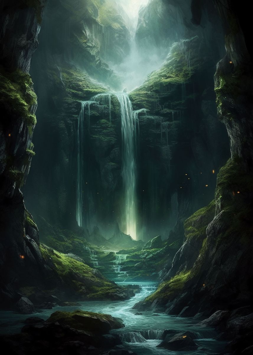 'Waterfall in the Forest' Poster, picture, metal print, paint by ...