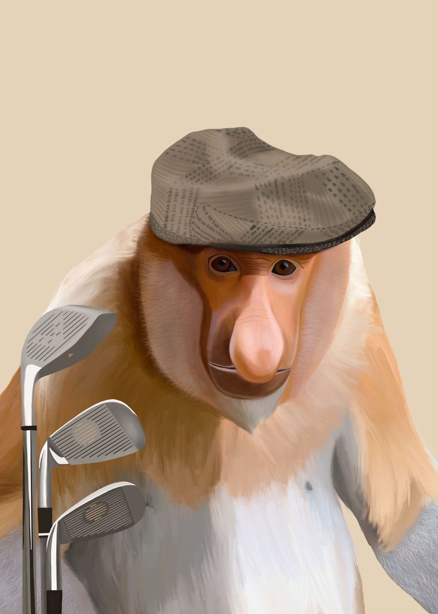 'Proboscis Monkey Golfer' Poster, picture, metal print, paint by ...