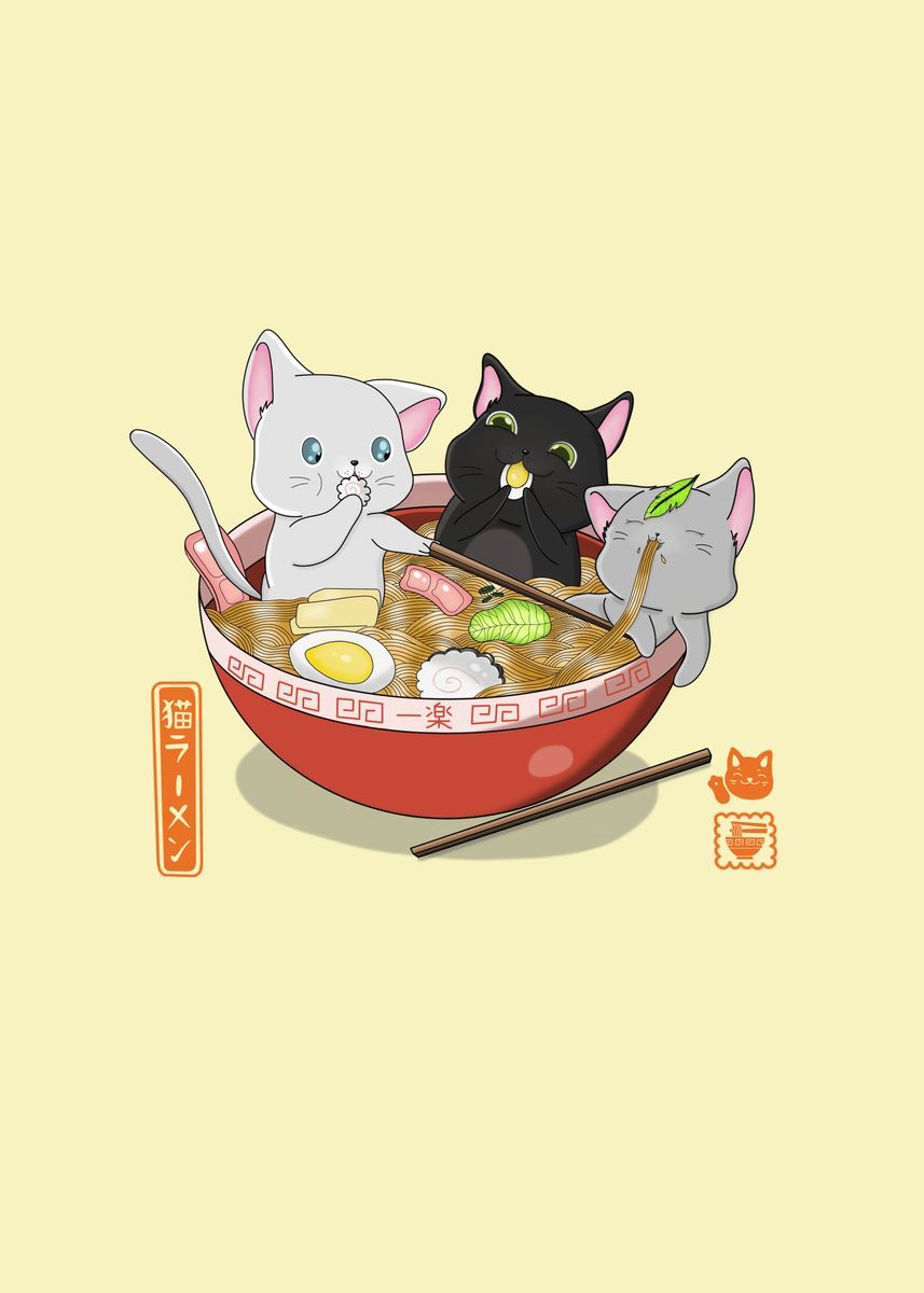 'ramen cat' Poster, picture, metal print, paint by Yacoub Al | Displate