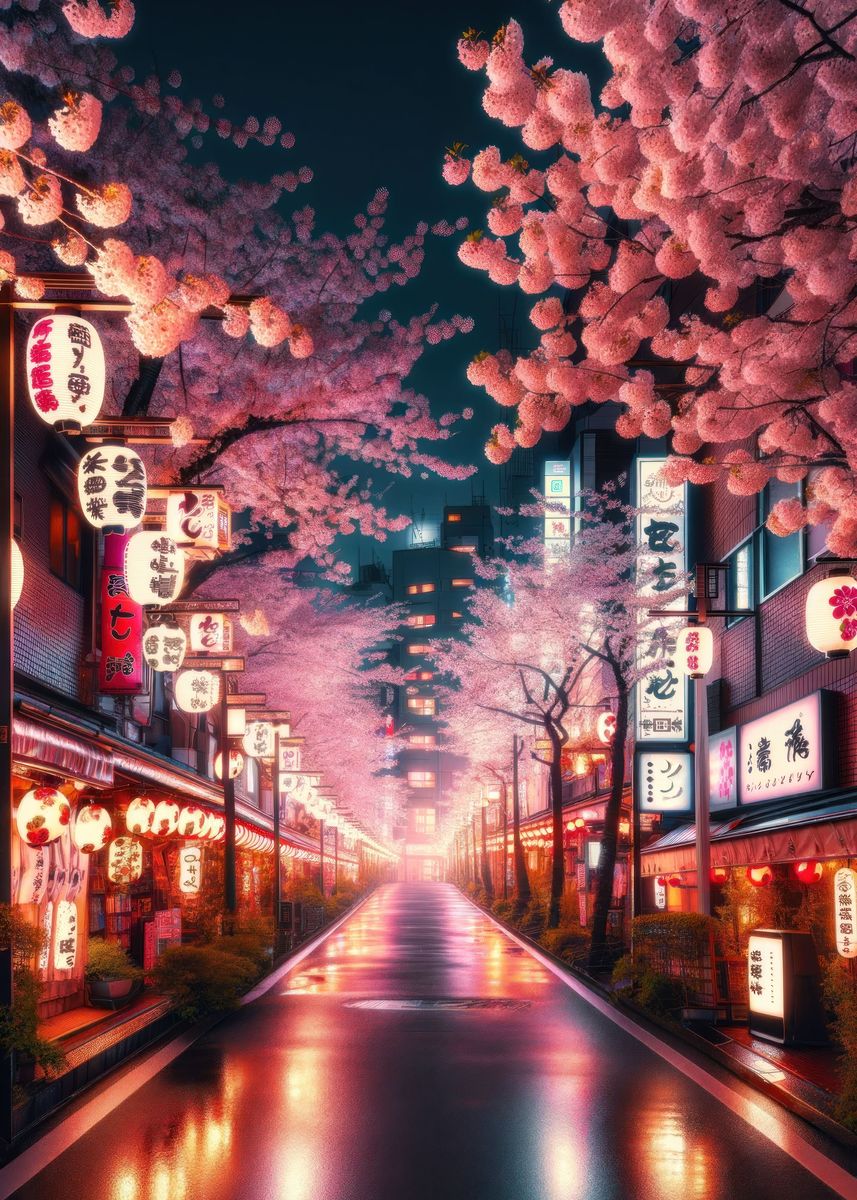 'Neon Glow of Sakura Street' Poster, picture, metal print, paint by ...