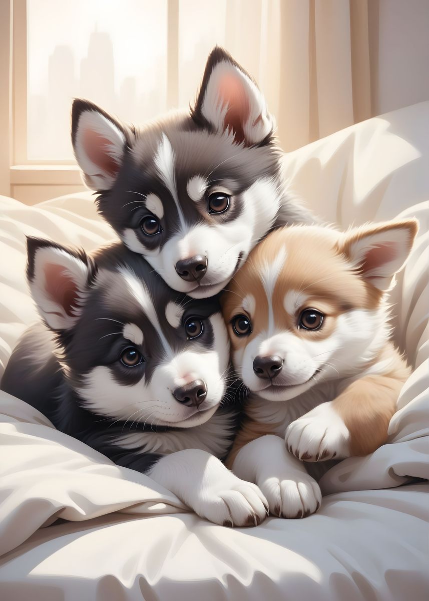 'Husky Puppies Poster' Poster, picture, metal print, paint by Xăm Việt ...