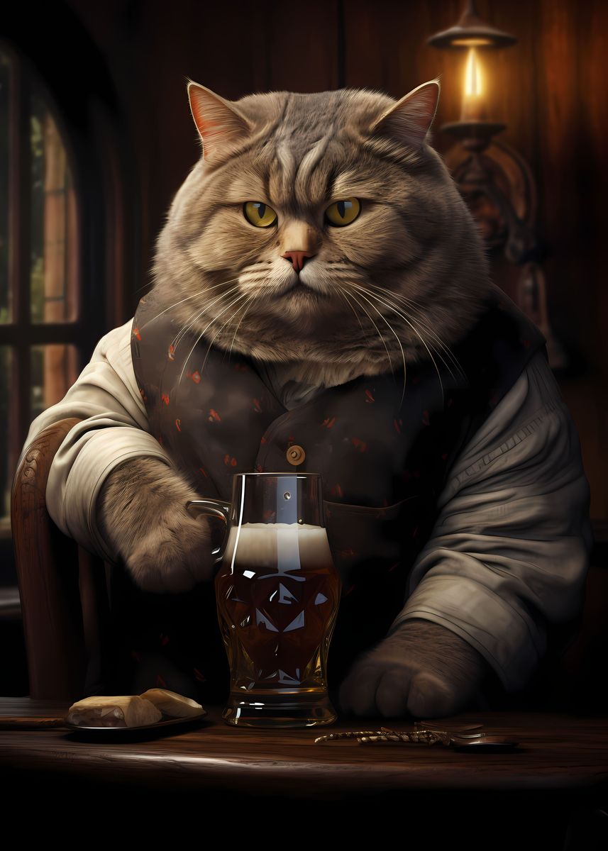 'Fat Cat Beer Pub Bar Drink' Poster, picture, metal print, paint by ...
