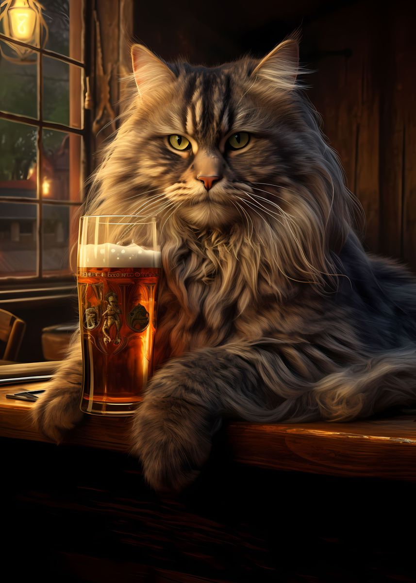 'fat cat beer bar pub drink' Poster, picture, metal print, paint by ...