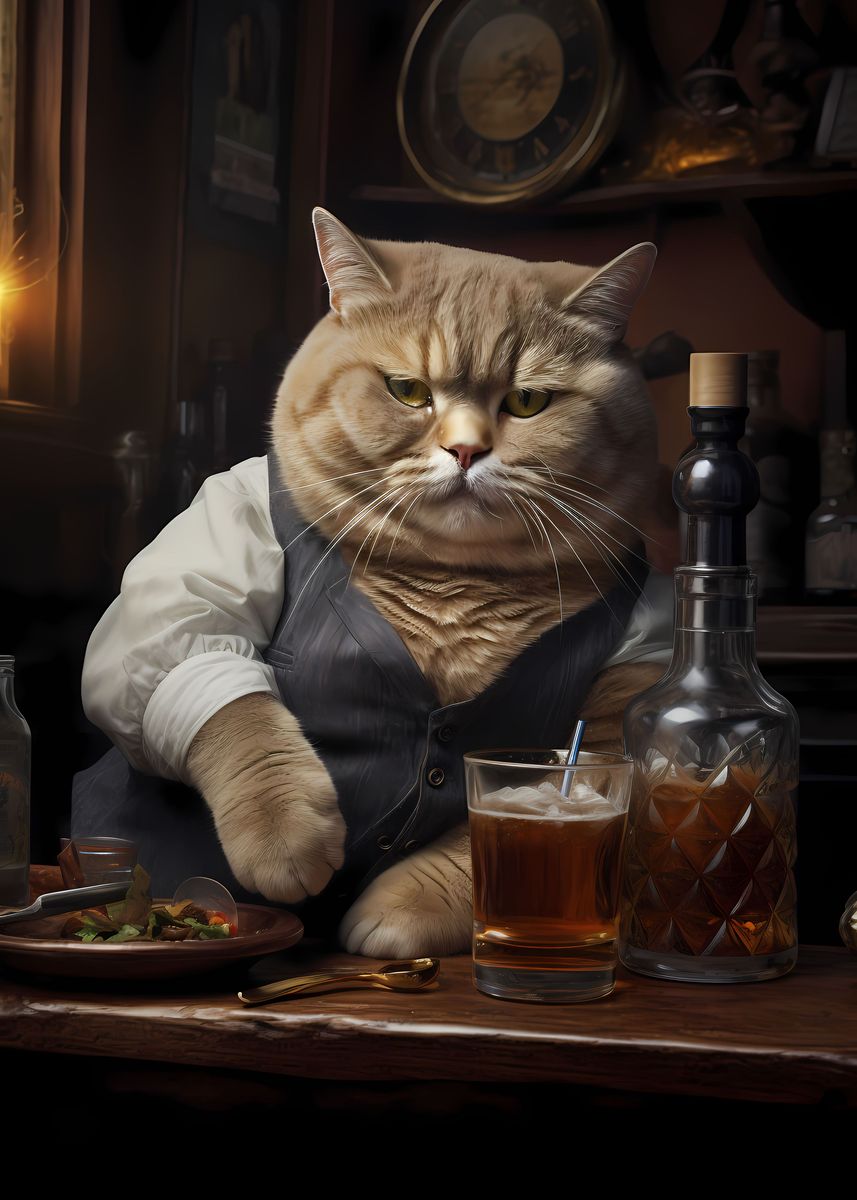 'Fat Cat Beer Pub Bar Drink' Poster, picture, metal print, paint by ...