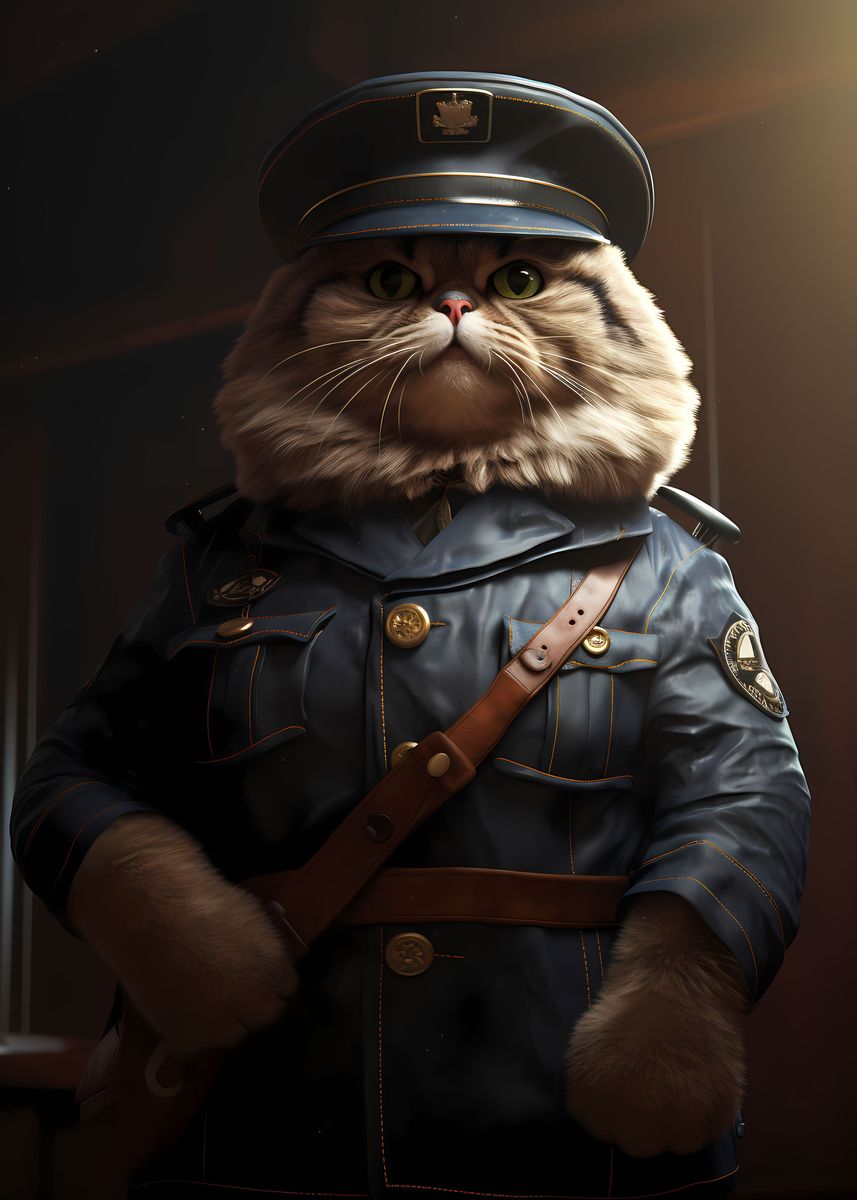 'fat cat police officer pet' Poster, picture, metal print, paint by ...